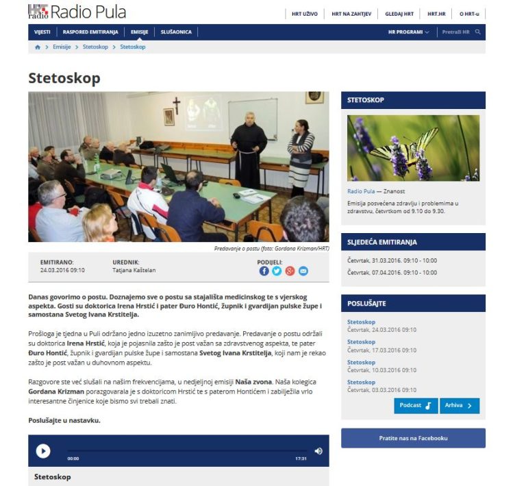U emisji "Stetoskop" o postu - Porečka i Pulska biskupija
